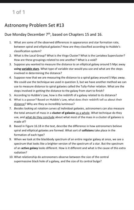 Solved 1 of 1 Astronomy Problem Set #13 Due Monday December | Chegg.com