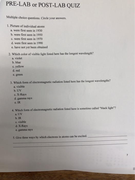 Solved PRE-LAB or POST-LAB QUIZ Multiple choice questions. | Chegg.com