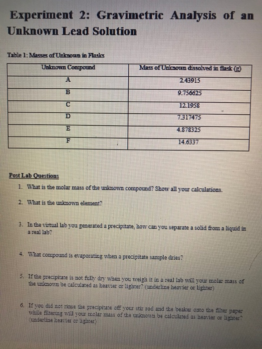 Experiment 2: Gravimetric Analysis of an Unknown Lead | Chegg.com