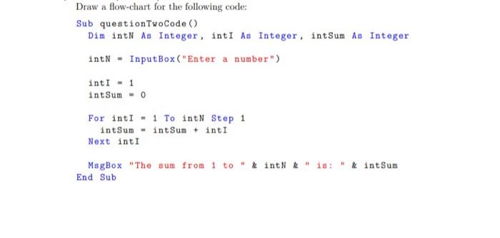 Solved Draw a flow-chart for the following code: Sub | Chegg.com