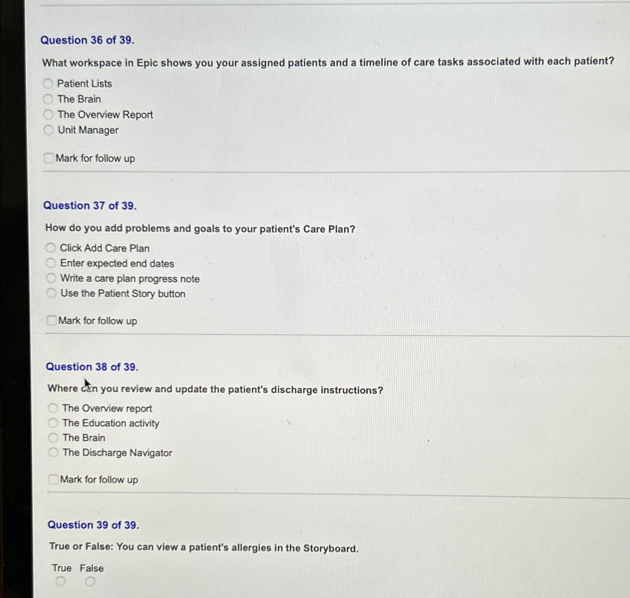 Solved Question 36 ﻿of 39.What workspace in Epic shows you | Chegg.com