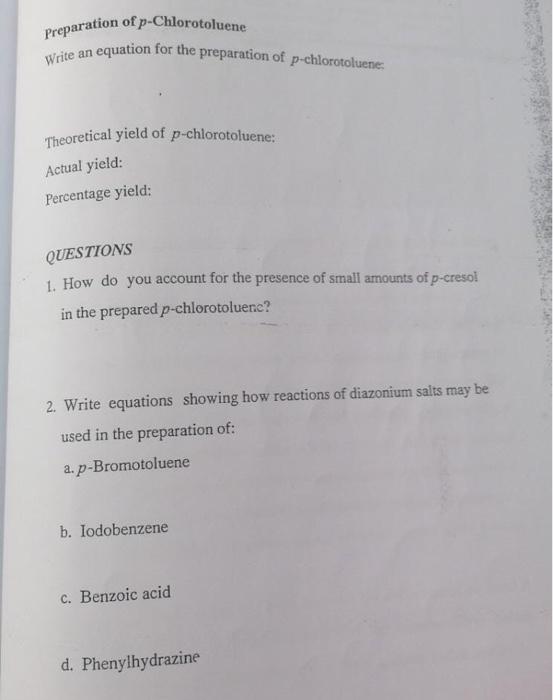 Solved Preparation of p-Chlorotoluene Write an equation for | Chegg.com