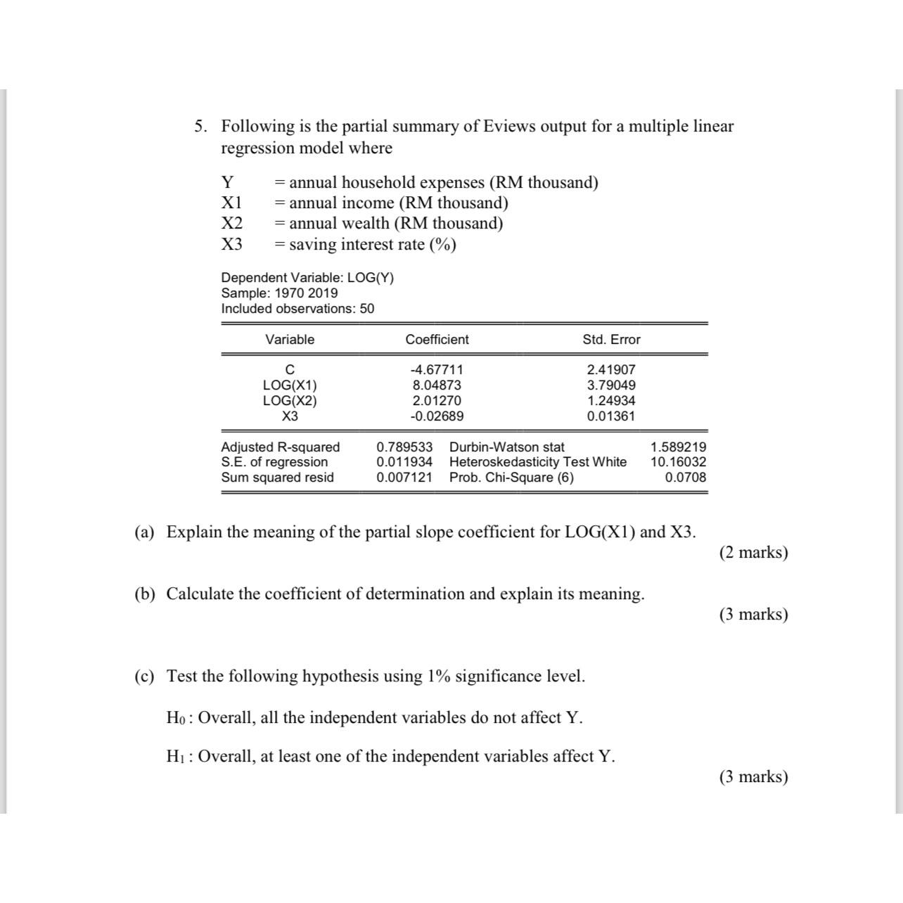 Solved Following is the partial summary of Eviews output for | Chegg.com