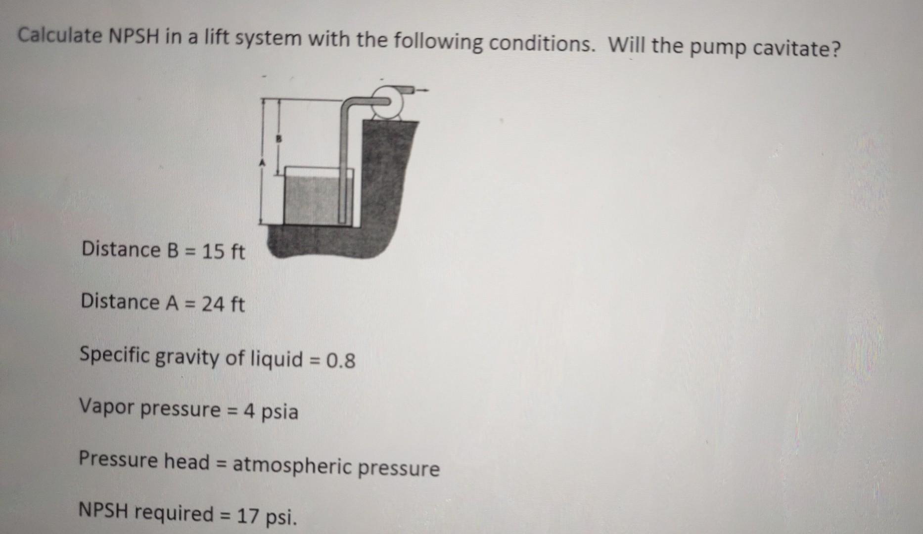 Solved Calculate NPSH in a lift system with the following | Chegg.com