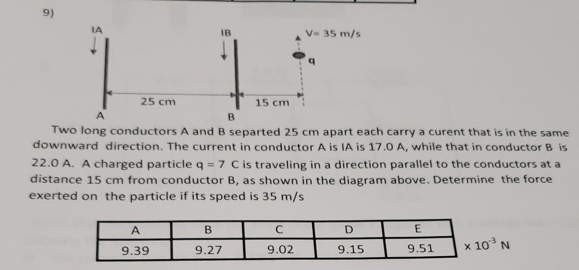 Solved 9) V= 35 m/s 25 cm 15 cm A B Two long conductors A | Chegg.com