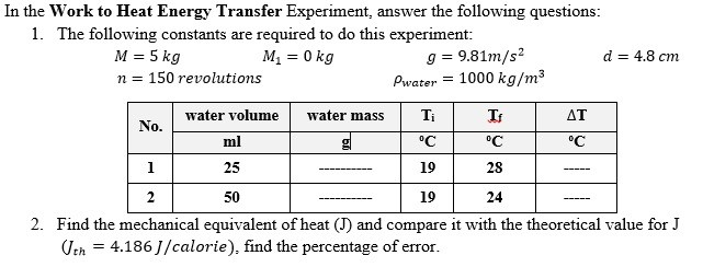 Solved In the Work to Heat Energy Transfer Experiment, | Chegg.com