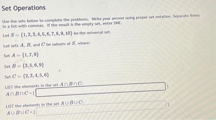 Solved Use the sets below to complete the problems. Write | Chegg.com