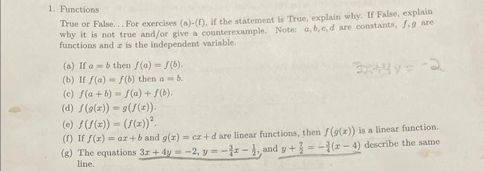 Solved 1. Functions True or False... For exercises (a)-(f), | Chegg.com