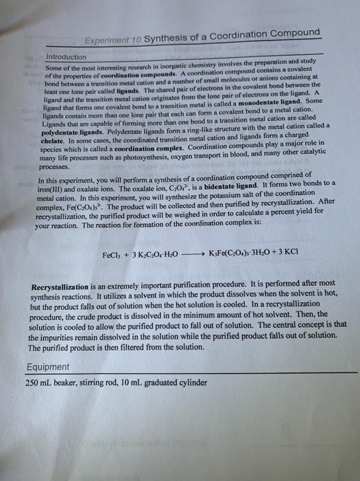 Solved Experiment 10 Synthesis of a Coordination Compound | Chegg.com