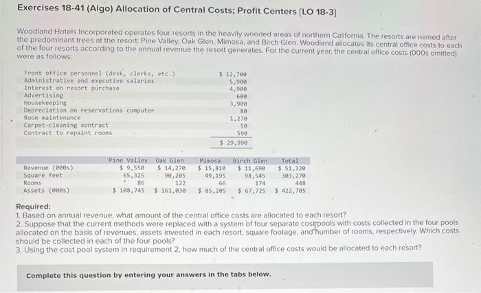 Solved Exercises 18-41 (Algo) Allocation of Central Costs; | Chegg.com