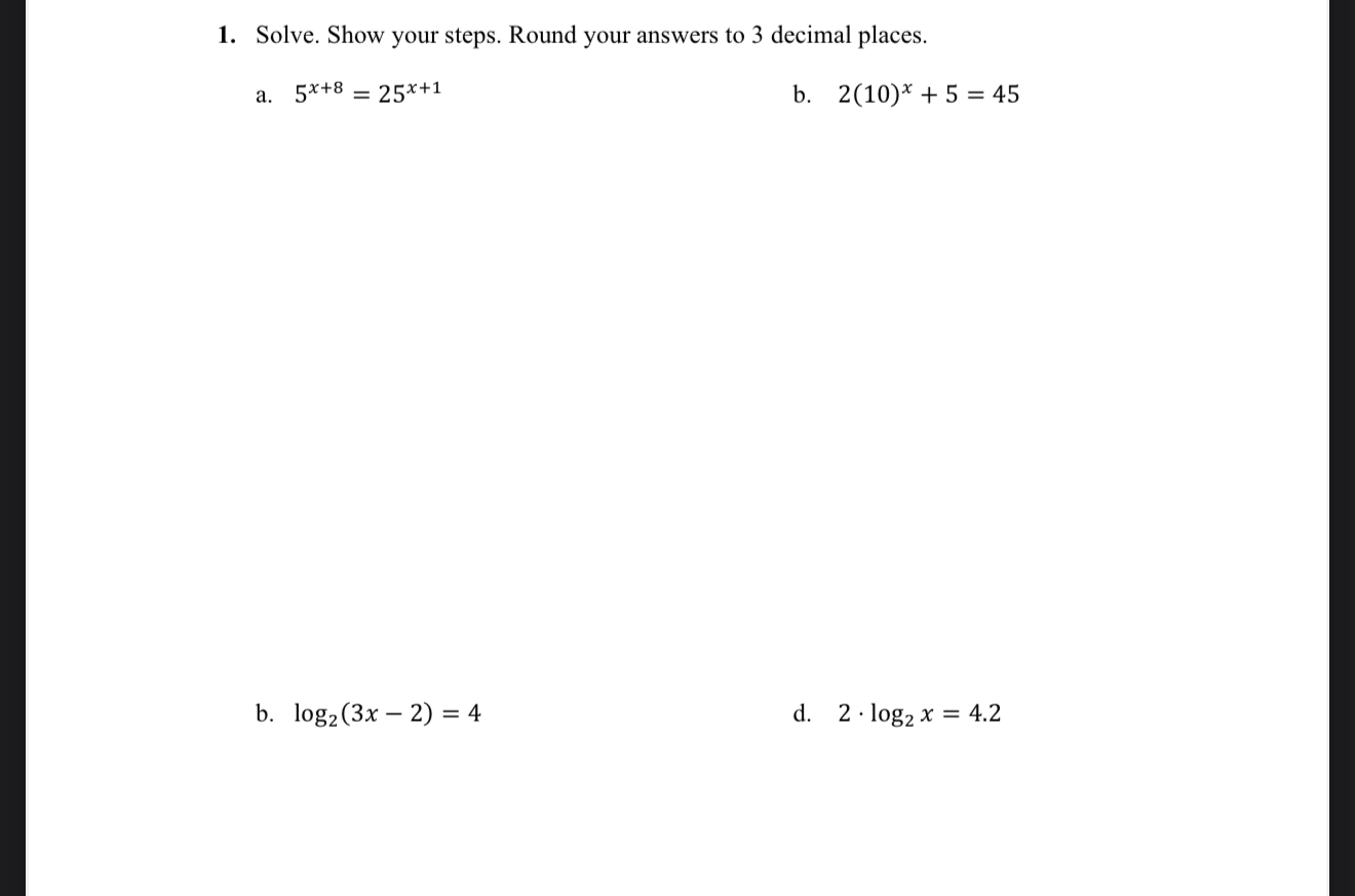 Solved Solve. Show your steps. Round your answers to 3 | Chegg.com