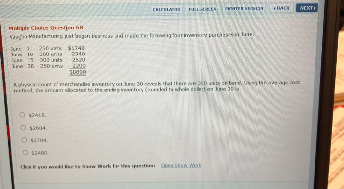 Solved CALCULATOR FULL SCREEN PRINTER VERSION BA NEXT | Chegg.com