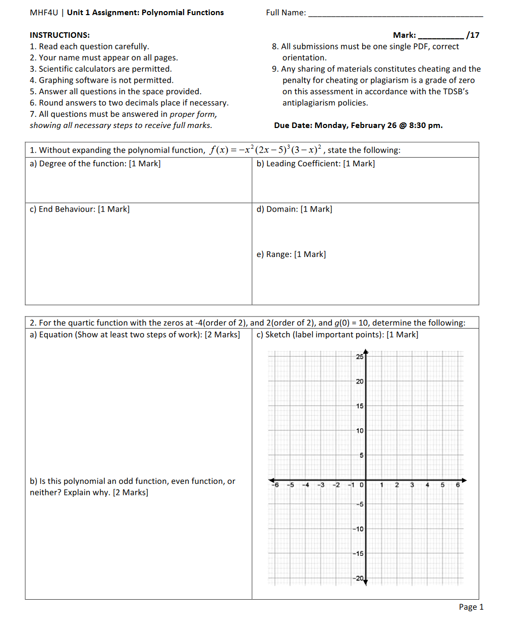 Solved MHF4U | ﻿Unit 1 ﻿Assignment: Polynomial | Chegg.com