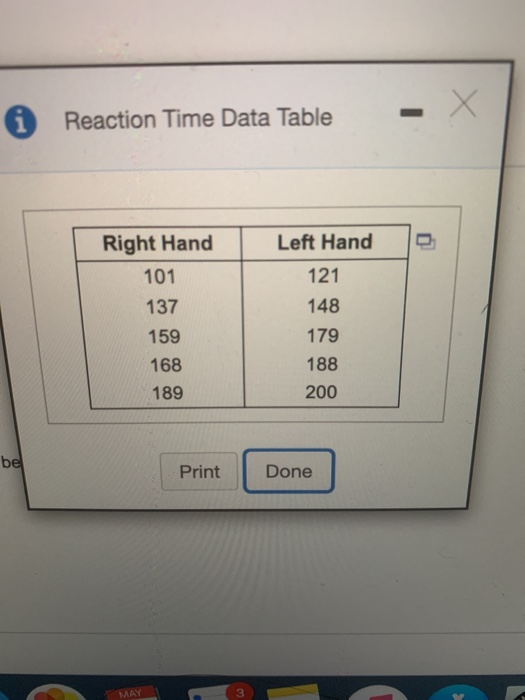 Solved i Reaction Time Data Table Left Hand 121 Right Hand | Chegg.com