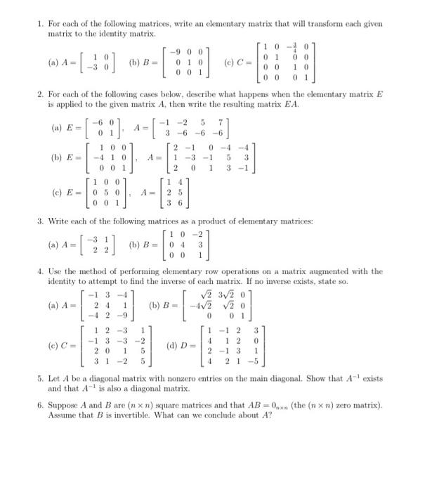Solved 1. For each of the following matrices, write an | Chegg.com