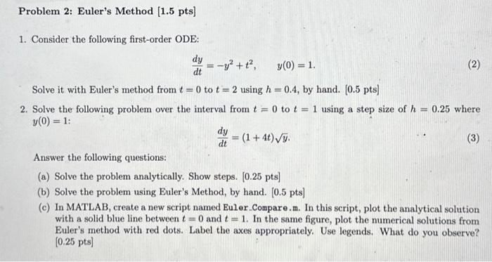 Solved Problem 2: Euler's Method [1.5 pts] 1. Consider the | Chegg.com