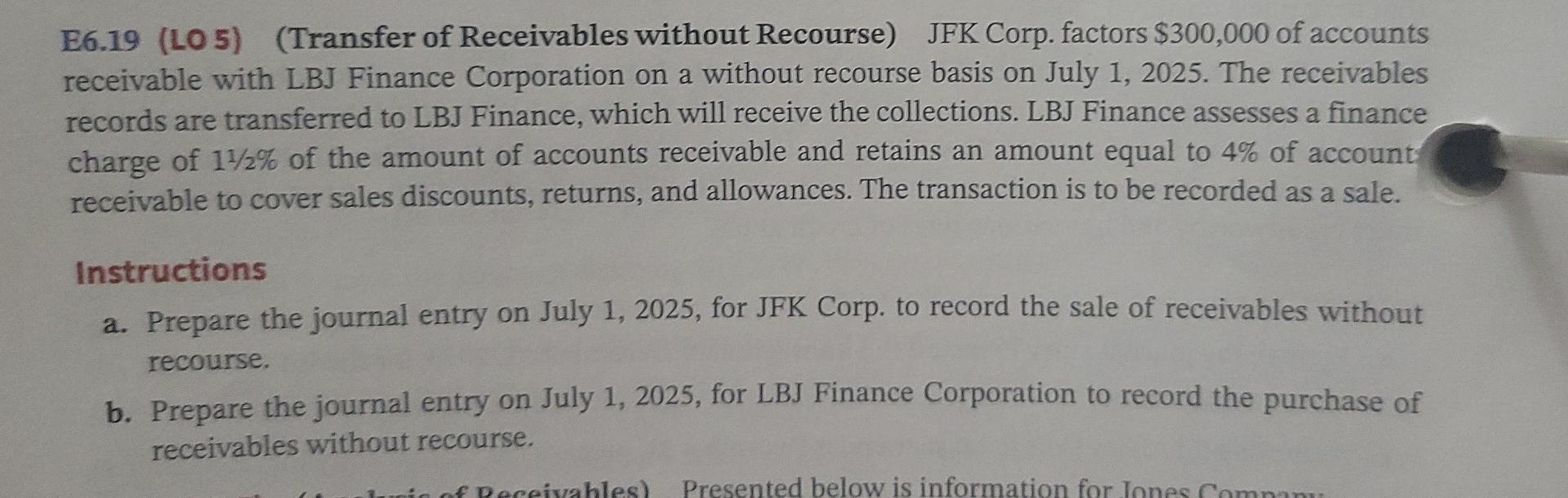 Solved E6.19 (LO 5) (Transfer of Receivables without | Chegg.com