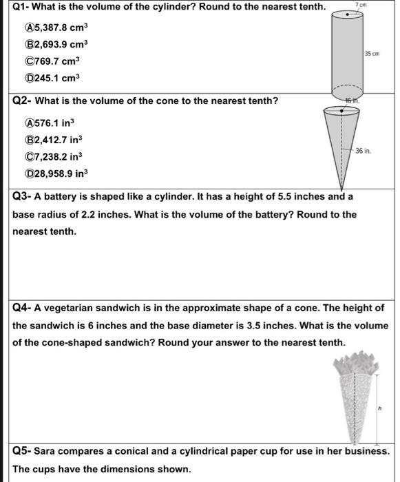 Solved Q1- What is the volume of the cylinder? Round to the | Chegg.com