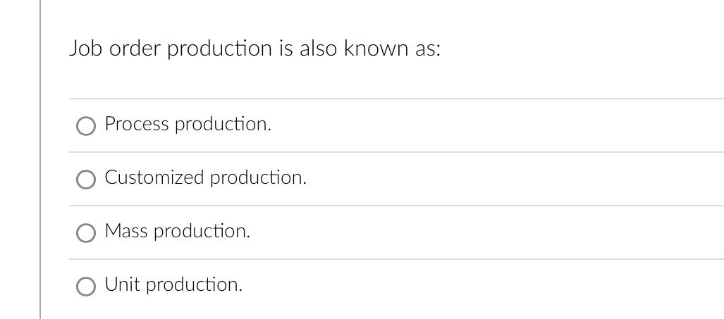 Solved Job order production is also known as:Process | Chegg.com