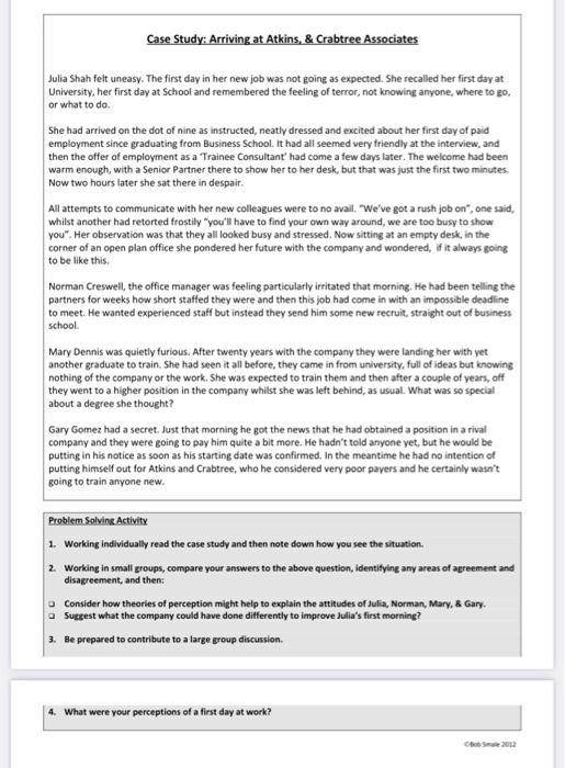 Solved Case Study: Arriving at Atkins, \& Crabtree | Chegg.com