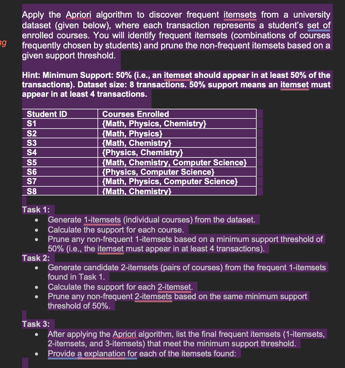 Solved Data mining assignment: Apply the Apriori algorithm | Chegg.com