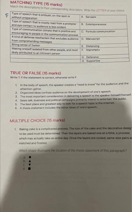 MATCHING TYPE (15 marks) Match the descriptions to | Chegg.com