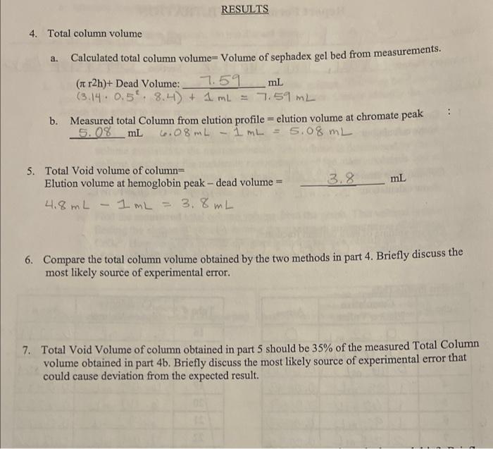 Solved 4. Total column volume a. Calculated total column | Chegg.com