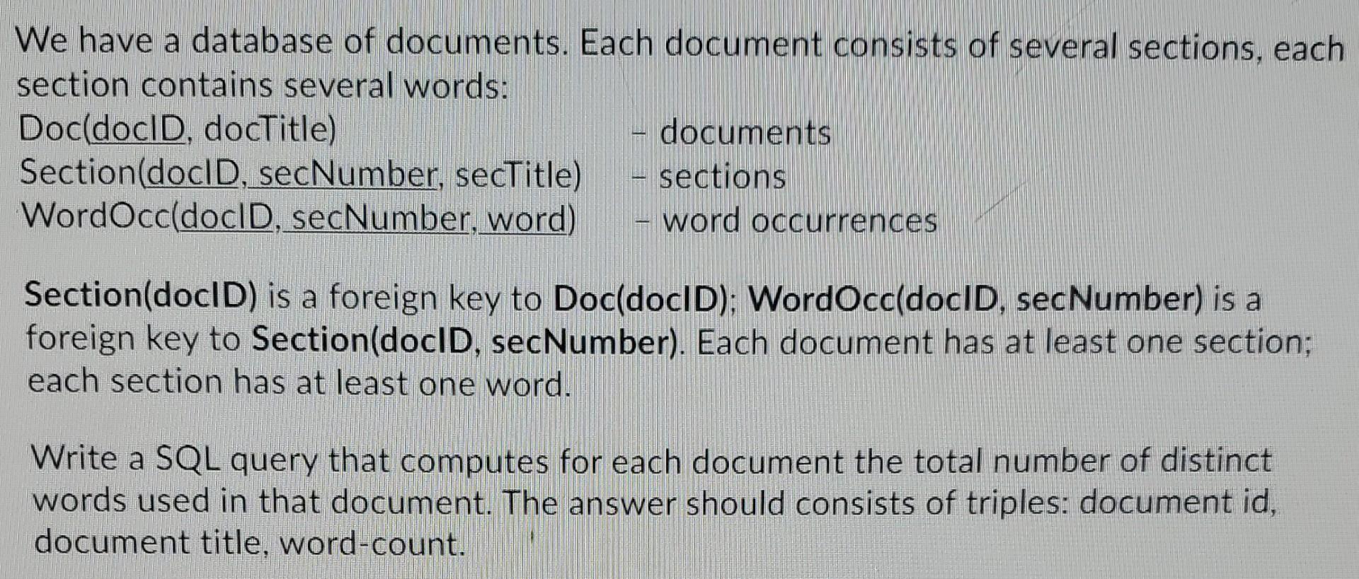Solved We have a database of documents. Each document | Chegg.com