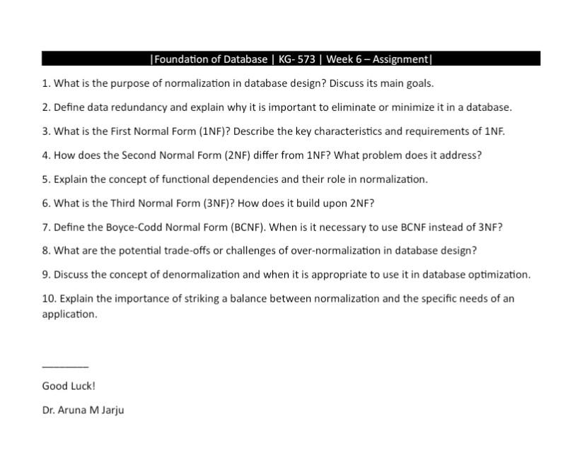 Solved |Foundation of Database | KG-573 | Week 6-Assignment | Chegg.com