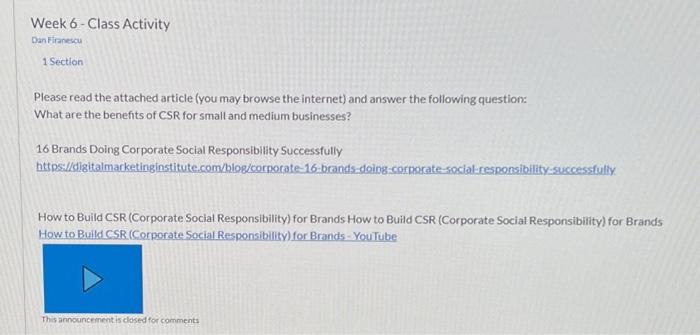 Week 6-Class Activity Dan Firanescu 1 Section Please | Chegg.com