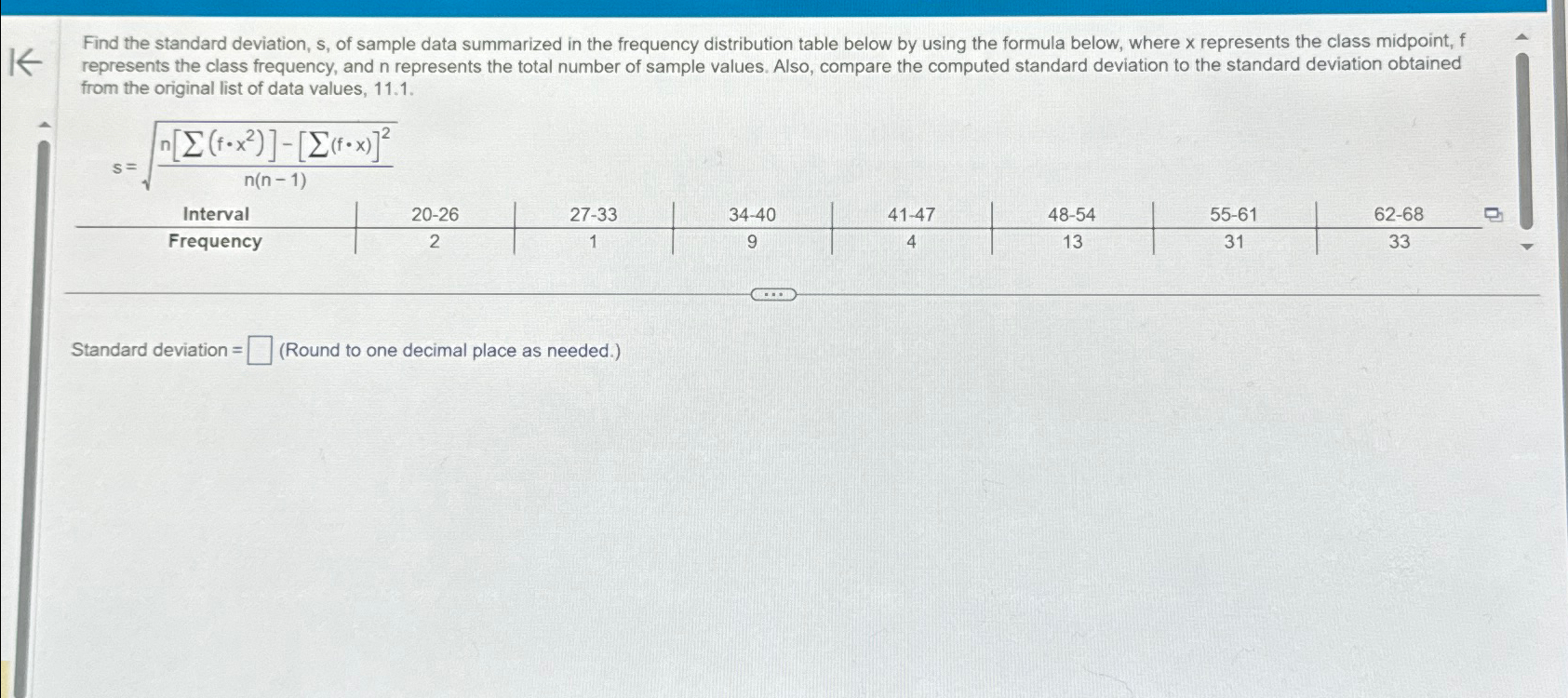 Find the standard deviation, s, ﻿of sample data | Chegg.com
