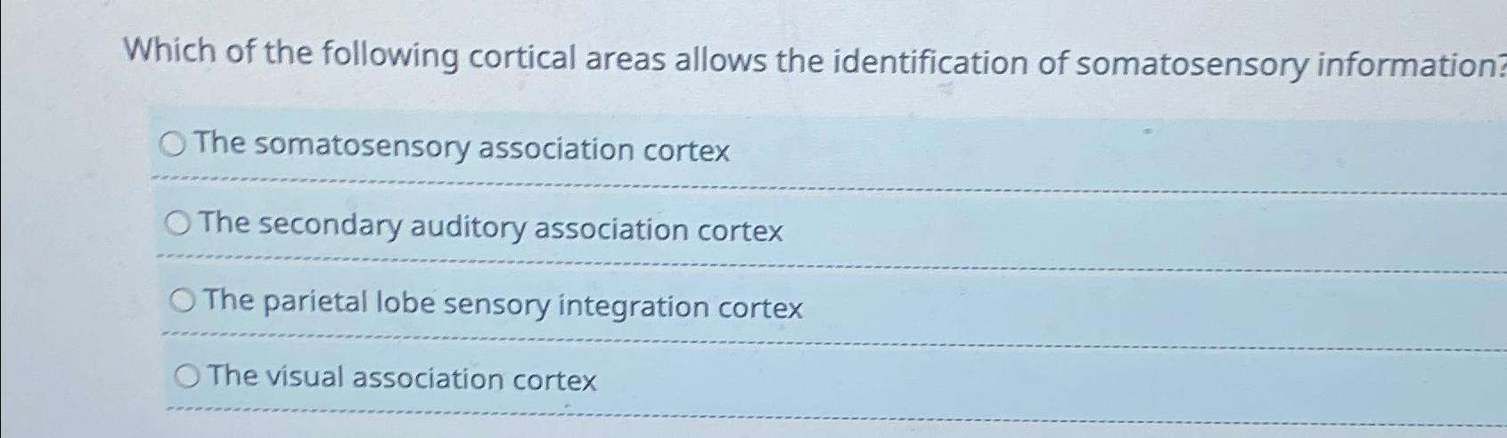 Solved Which of the following cortical areas allows the | Chegg.com