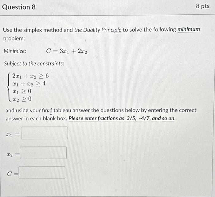 Solved Question 8 Use the simplex method and the Duality | Chegg.com