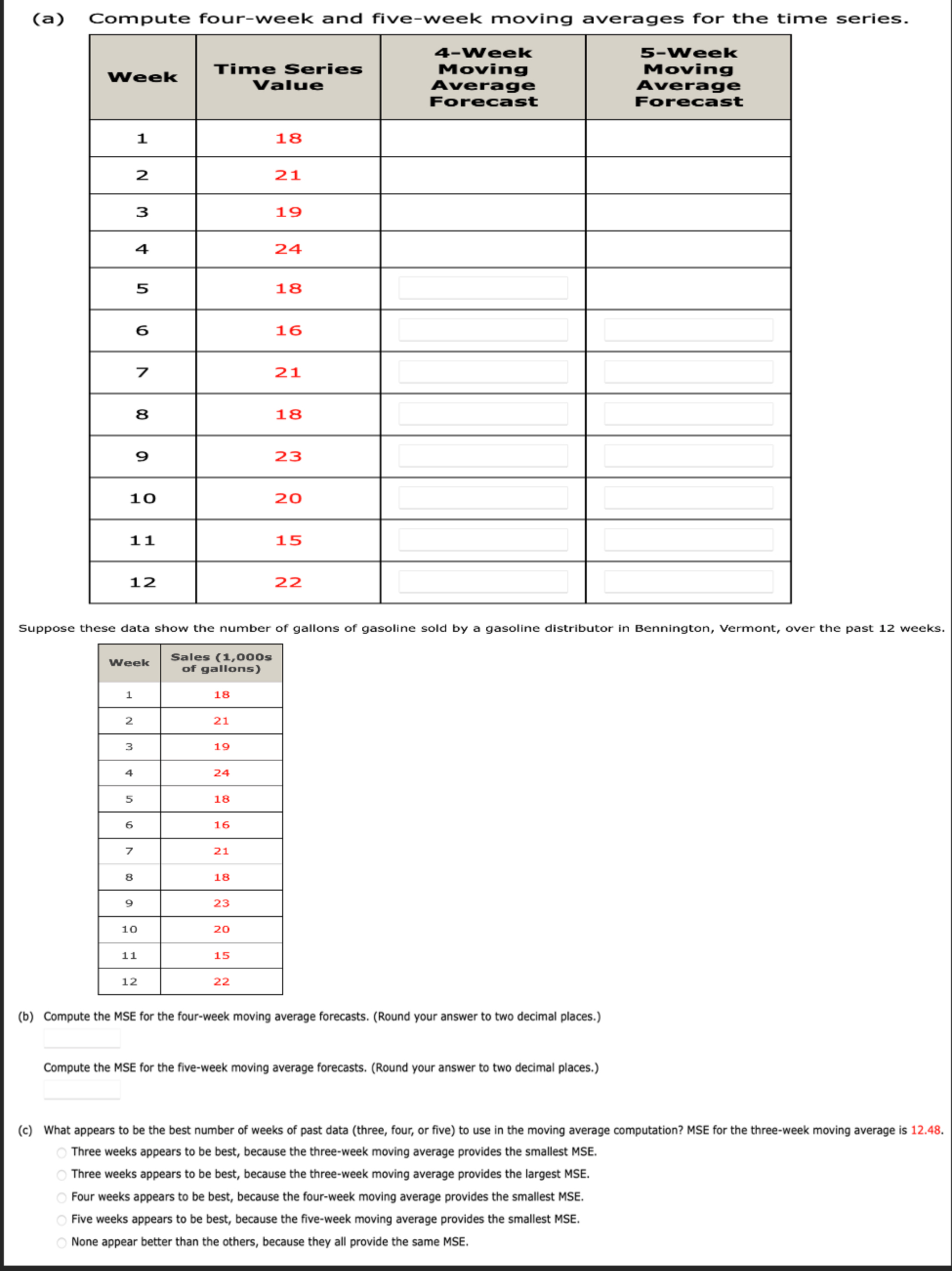 Solved (a) ﻿Compute four-week and five-week moving averages | Chegg.com