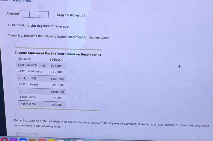 Solved 5. Calculating the degrees of leverage Demo Inc, | Chegg.com
