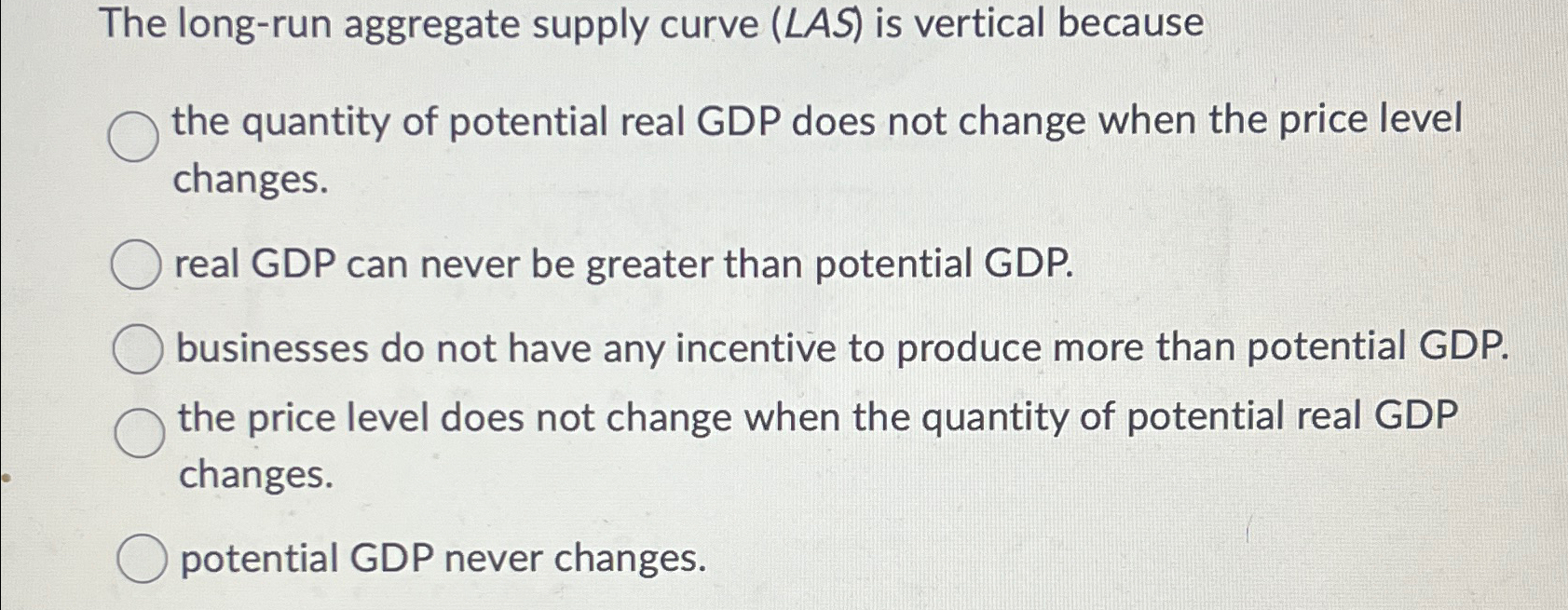Solved The long-run aggregate supply curve (LAS) ﻿is | Chegg.com
