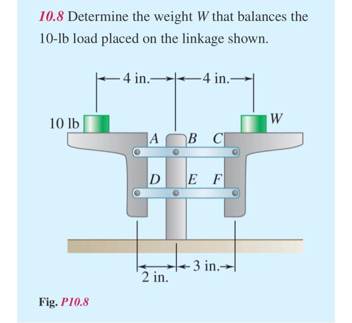 Solved 10.8 Determine the weight W that balances the 10-lb | Chegg.com