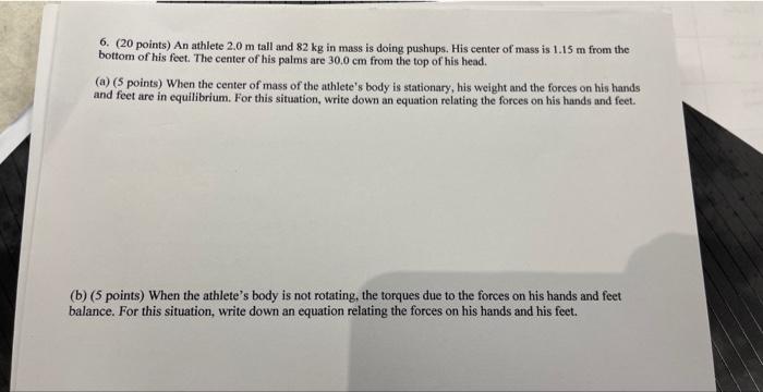 Solved 6. (20 points) An athlete 2.0 m tall and 82 kg in | Chegg.com Solved 6. (20 points) An athlete 2.0 m tall and 82 kg in | Chegg.com