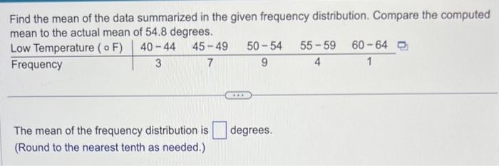 Solved Find the mean of the data summarized in the given | Chegg.com