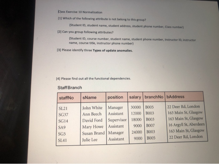 Solved Class Exercise 10 Normalization [1] Which of the | Chegg.com