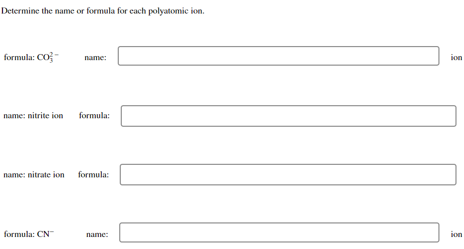 Solved PleDetermine the name or formula for each polyatomic | Chegg.com