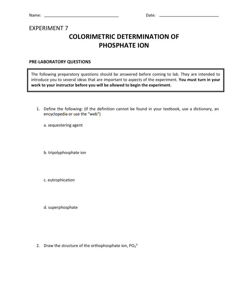 Solved Name:Date:EXPERIMENT 7COLORIMETRIC DETERMINATION OF | Chegg.com