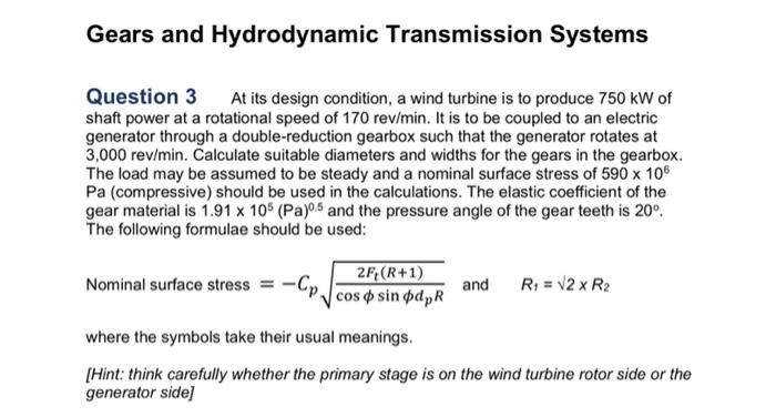 Gears and Hydrodynamic Transmission Systems Question | Chegg.com
