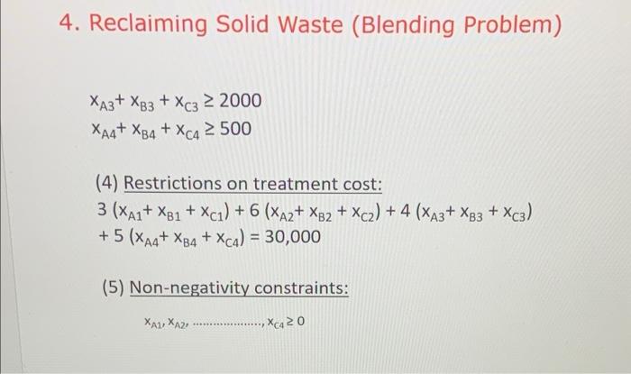 Solved 4. Reclaiming Solid Waste (Blending Problem) The | Chegg.com