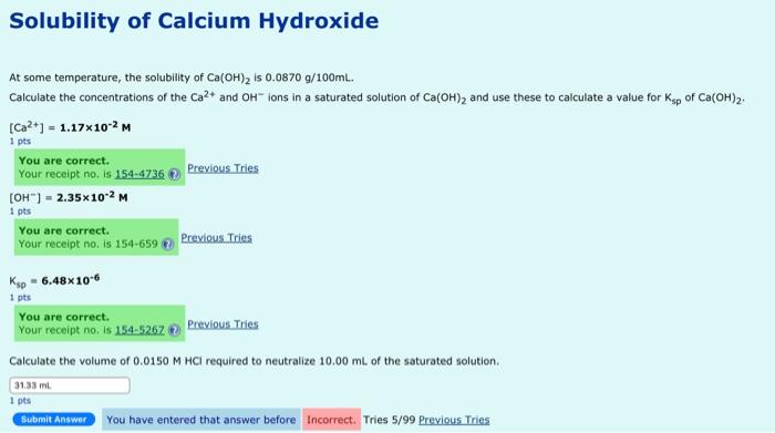 Solved Solubility of Calcium Hydroxide At some temperature, | Chegg.com