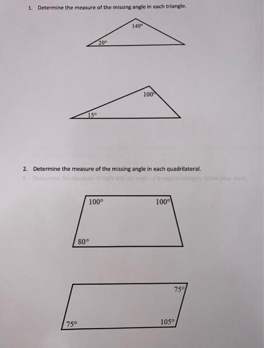 Solved 1. Determine the measure of the missing angle in each | Chegg.com