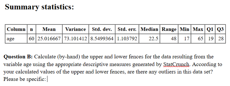 Solved Summary statistics:Question B: Calculate (by-hand) | Chegg.com