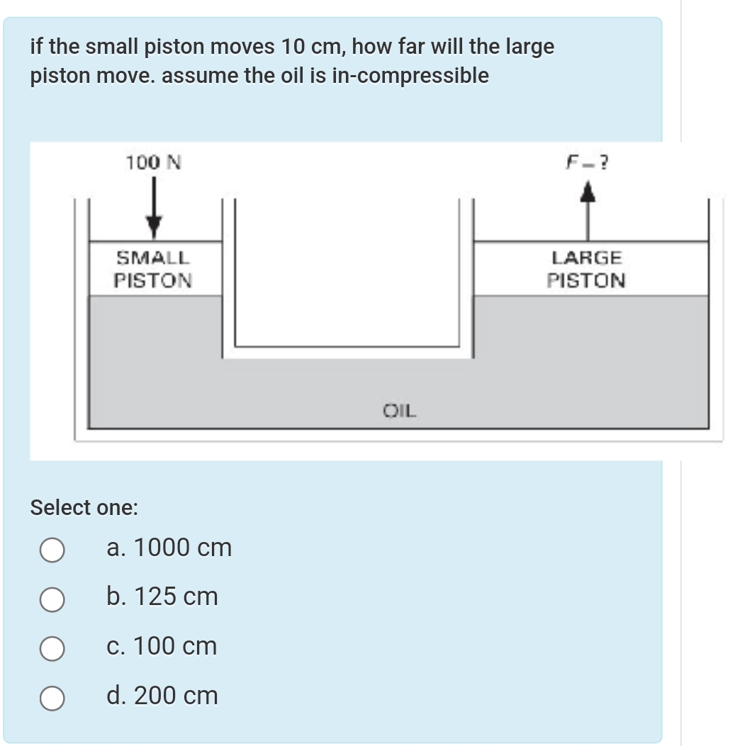 Solved if the small piston moves 10cm, ﻿how far will the | Chegg.com