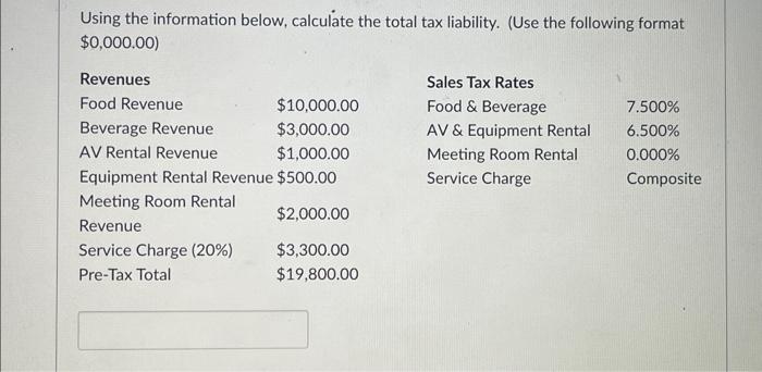 Solved Using the information below, calculate the total tax | Chegg.com
