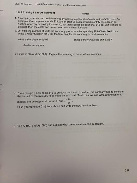 Solved Math 29 Landers Unit 5 Quadratics, Power, and | Chegg.com
